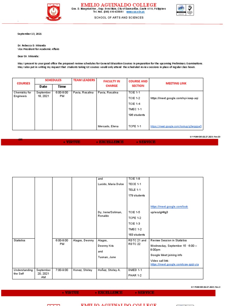 EAC GE Courses Preliminary Exam Review Schedules | PDF