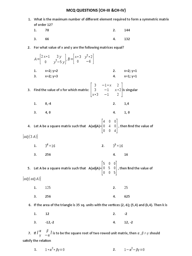 MCQ Questions - CH 3&4 | PDF | Matrix (Mathematics) | Mathematical Objects