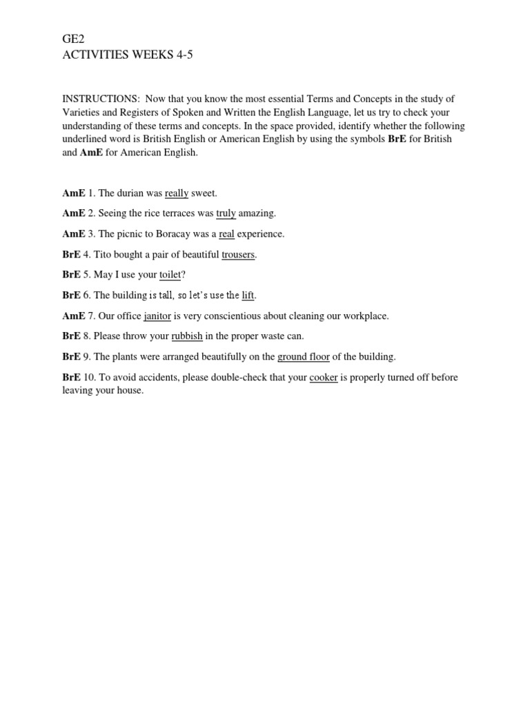 GE2 Activities Weeks 4-5 | PDF | Foreign Language Studies | Home & Garden