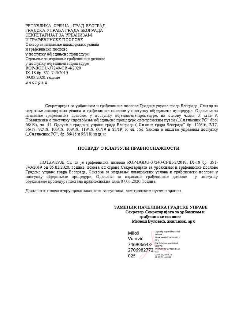 Клаузула Правоснажности Грађевинска Дозвола Блок Насеље ДВ Pdf
