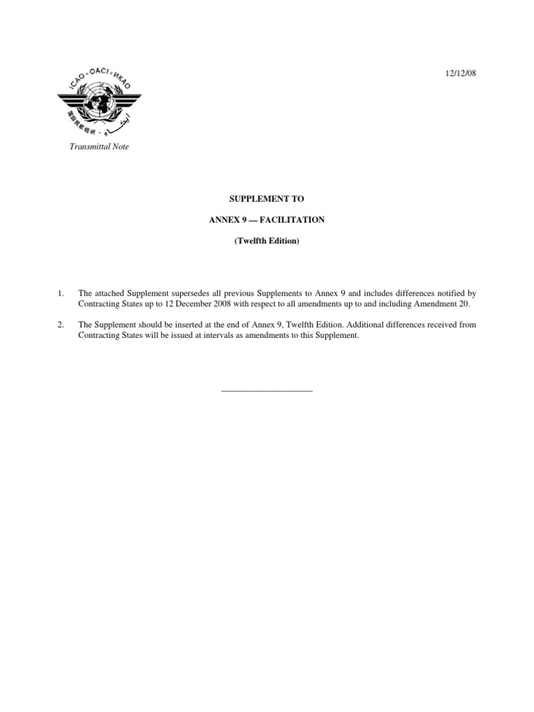 Supplement to Annex 9 | Travel Visa | Passport