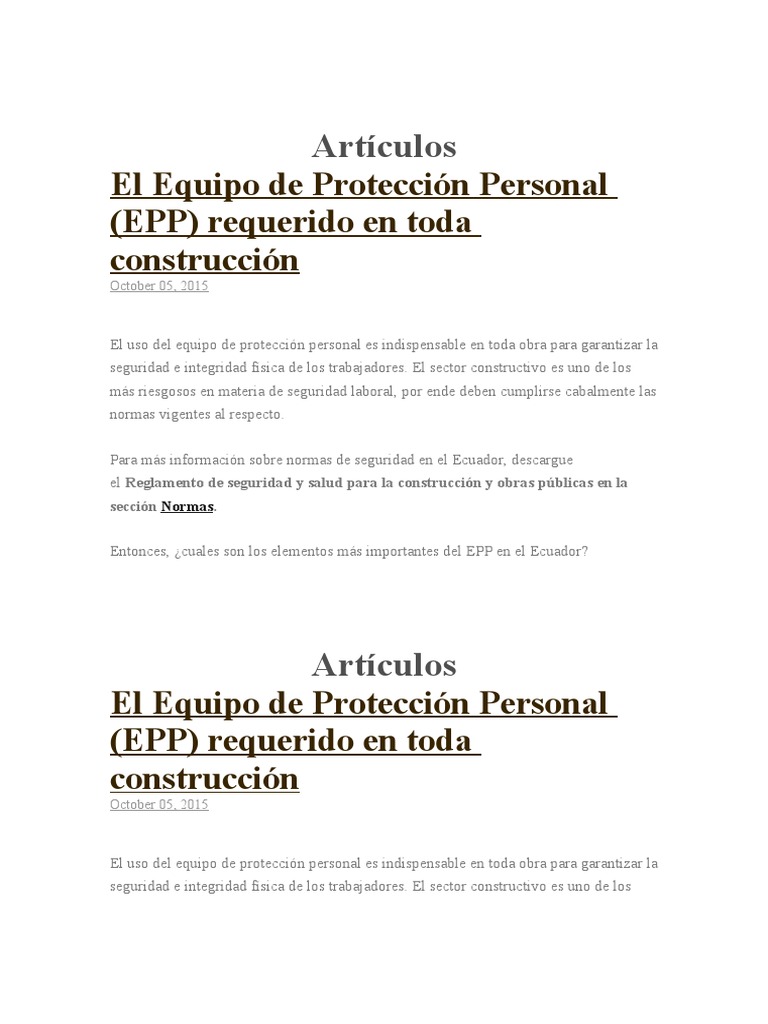 Artículos: El Equipo de Protección Personal (EPP) Requerido en Toda ...