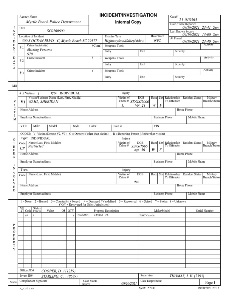 Sheridan Wahl Missing Person Report | PDF | Justice | Crime & Violence