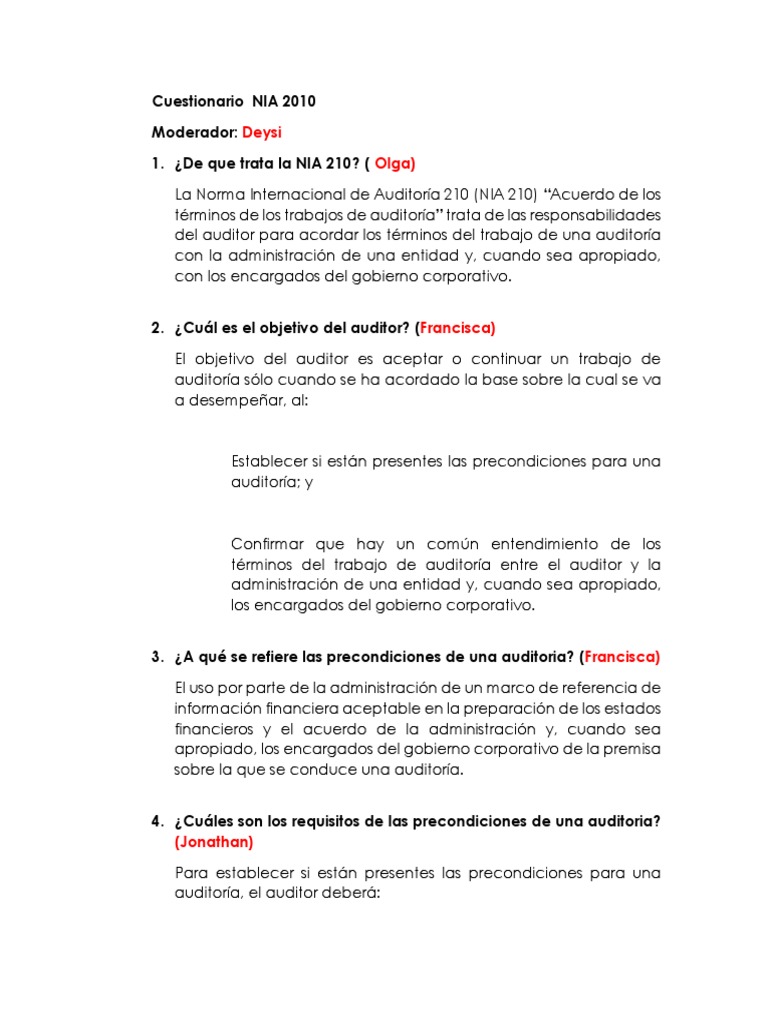 Cuestionario NIA 210 | PDF | Auditoría | normas internacionales de ...