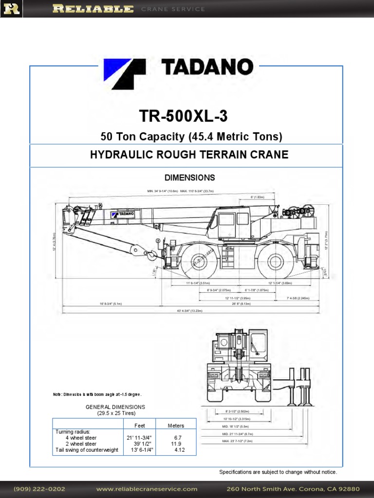50 Ton Capacity Hydraulic Rough Terrain Crane Specifications | PDF ...