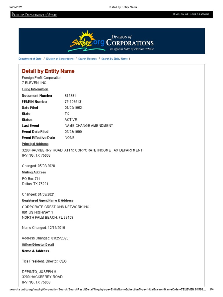 7-Eleven Inc - Sunbiz 2021 | PDF | Taxes | Government Finances