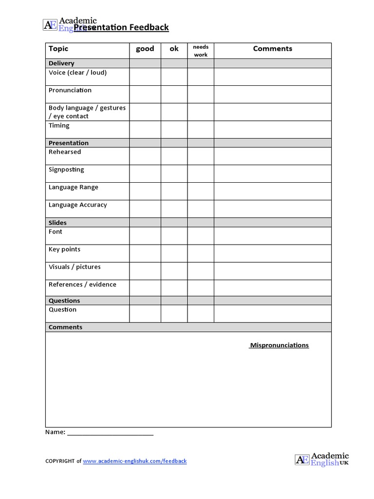 Presentation Feedback: Topic Good Ok Comments | PDF | Career & Growth ...