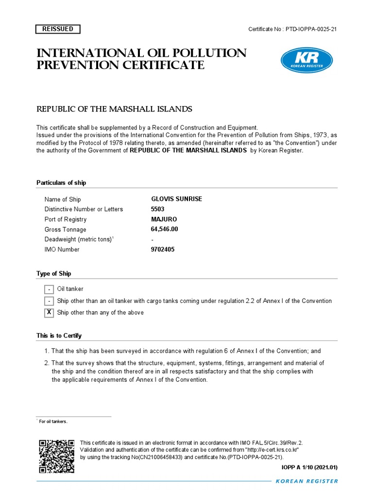 International Oil Pollution Prevention Certificate: Republic of The ...