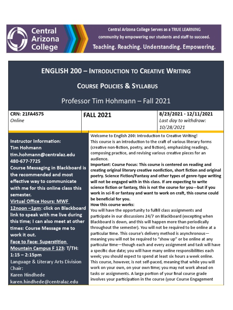 English 200 - I C W C P & S: Professor Tim Hohmann - Fall 2021 | PDF ...