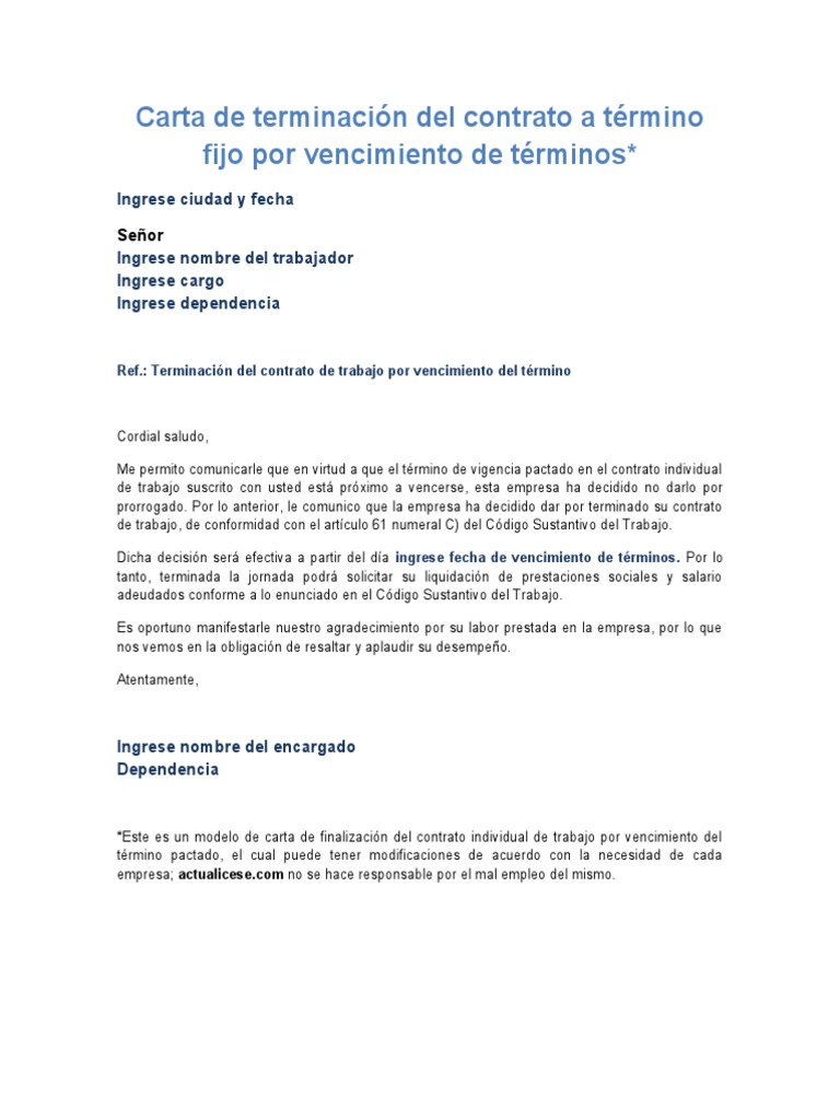 Carta Terminacion Del Contrato Termino Fijo Vencimiento de Terminos | PDF