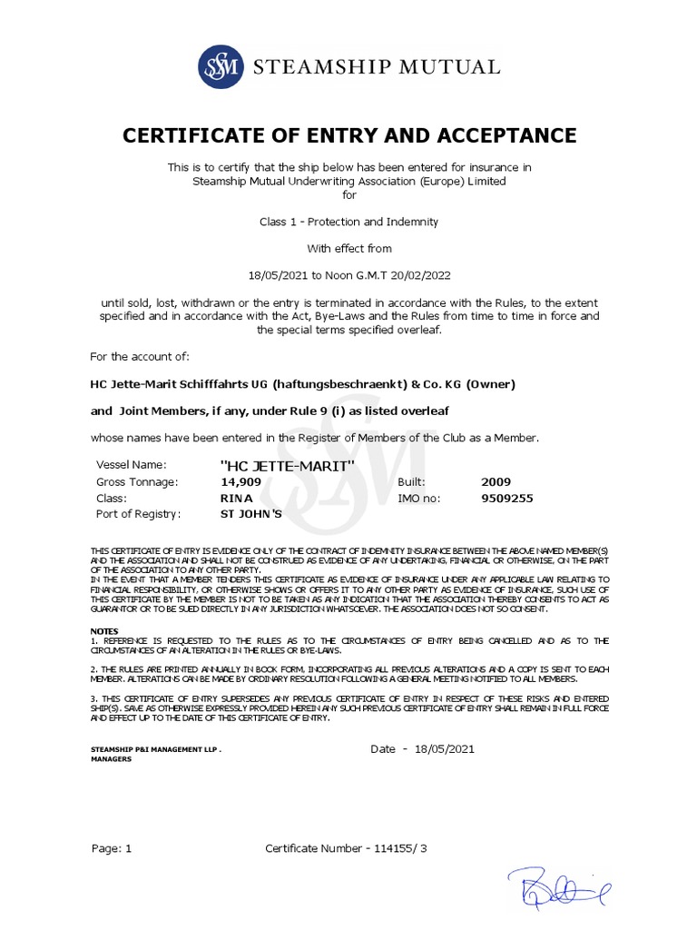 Certificate of Entry and Acceptance: "HC Jette-Marit" | PDF | Insurance ...