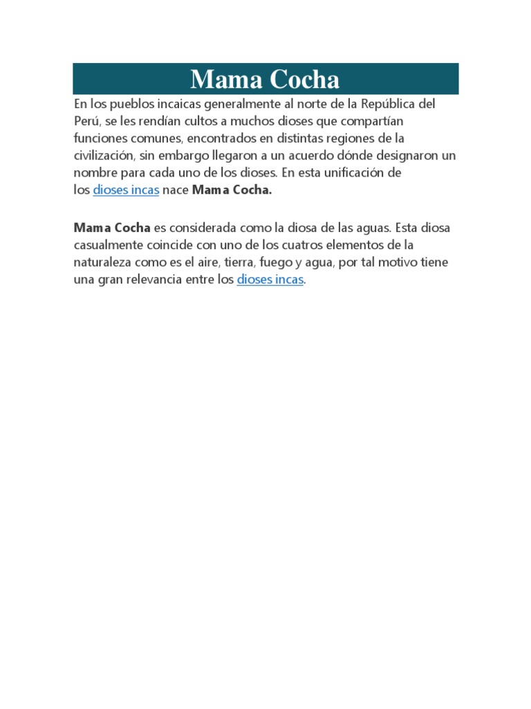 Mama Cocha: Diosa del Agua Inca | PDF | Ciencias sociales | Historia