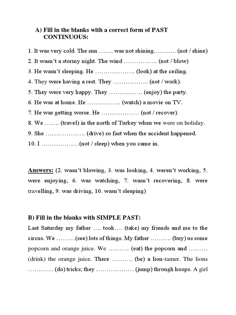 A) Fill in The Blanks With A Correct Form of PAST Continuous | PDF