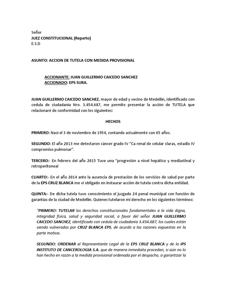Tutela Con Medida Provisional - Juan Guillermo Caicedo | PDF | Derecho ...