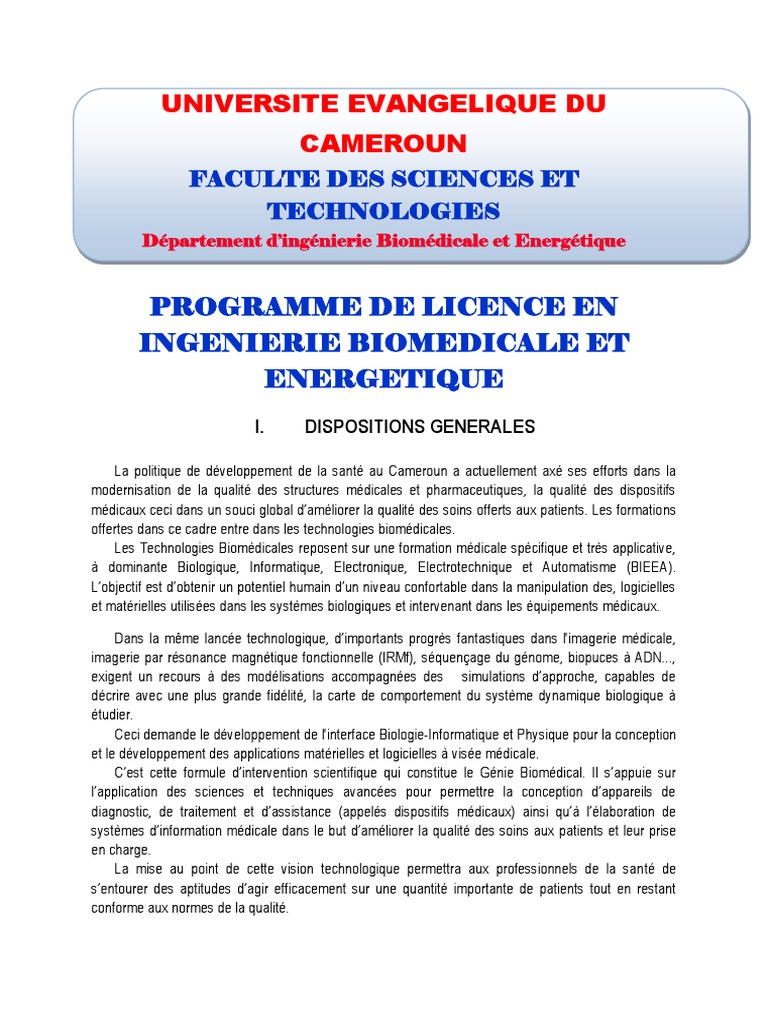 Projet de Programme de Licence en Sciences Biomedicales-Fst-Uec | Download Free PDF | Génie ...