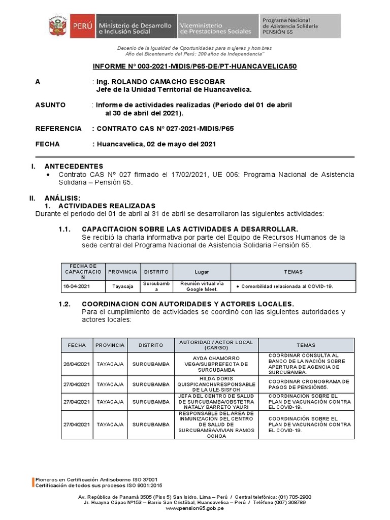 Informe de Trabajo Del Mes de Abril 2021. Kevin Lazo Cañete. Gestor de ...