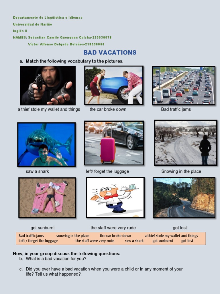 Bad Vacations: A. Match The Following Vocabulary To The Pictures | PDF