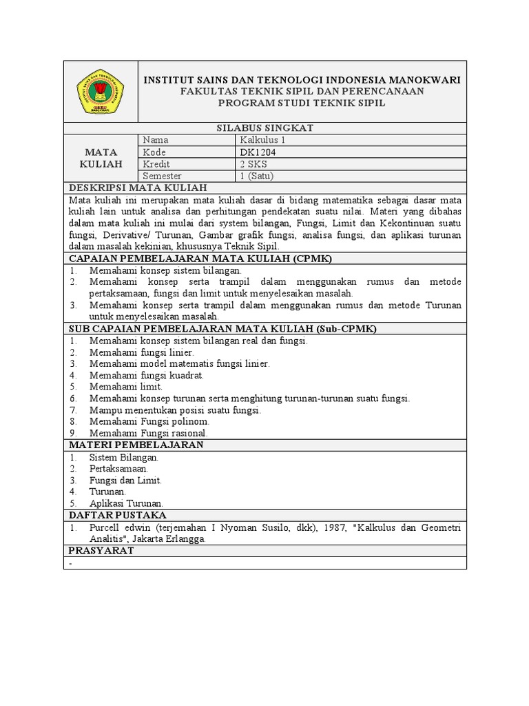 Silabus Dan RPS Kalkulus 1 | PDF