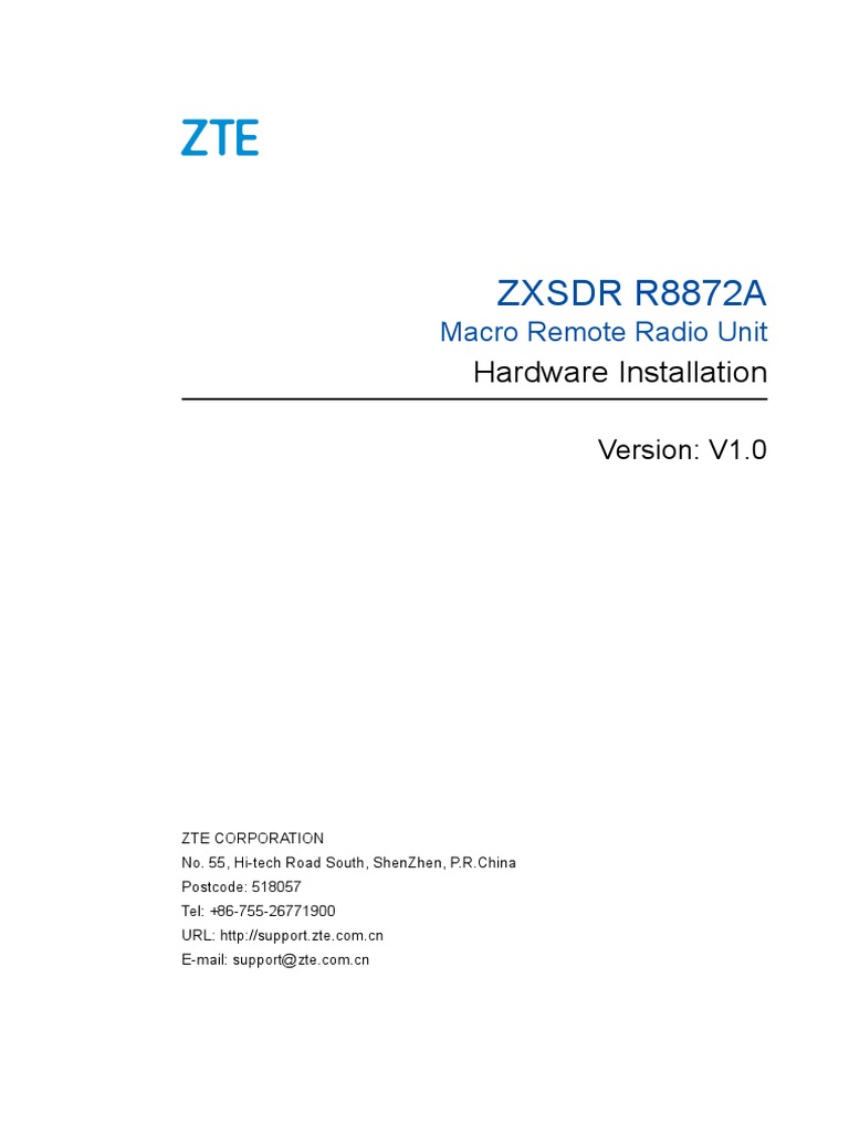 ZXSDR R8872A: Hardware Installation | PDF | Screw | Nut (Hardware)