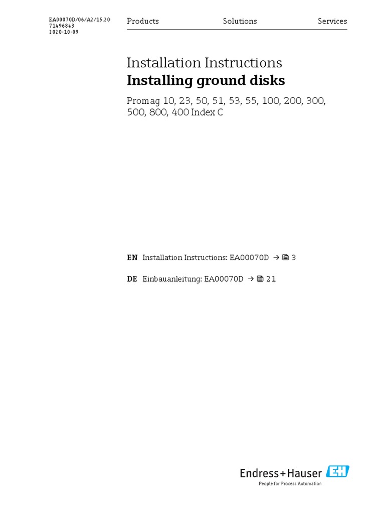 Installation Instructions Installing Ground Disks: Promag 10, 23, 50 ...