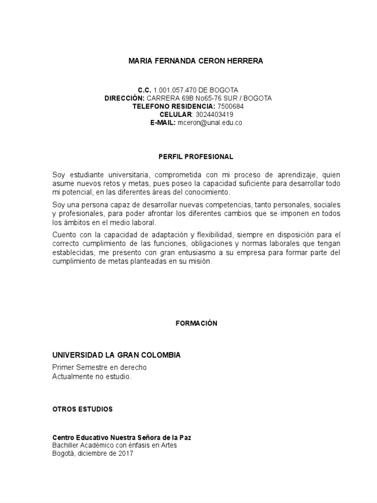 Hoja de Vida Maria Fernanda Ceron Herrera | PDF