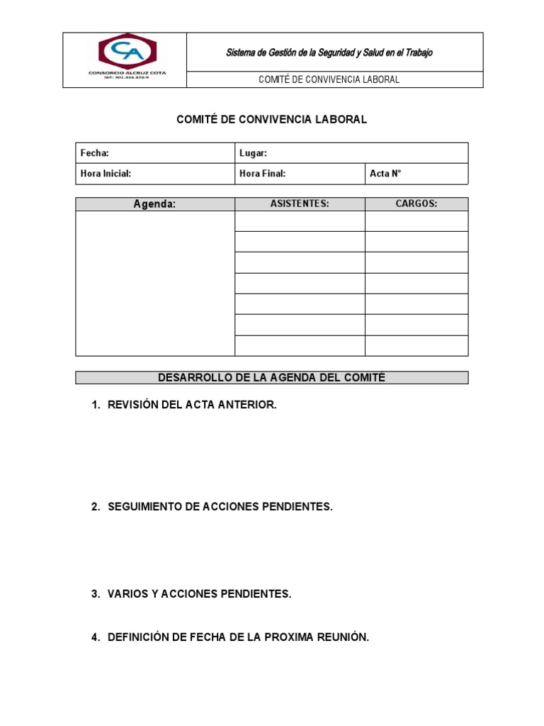 Formato de Acta de Reunión Comite Convivencia Laboral | PDF