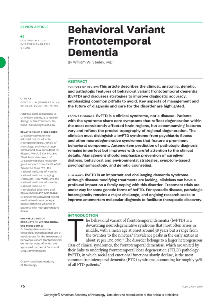 Behavioral Variant Frontotemporal Dementia.7 | PDF | Dementia | Medical Diagnosis