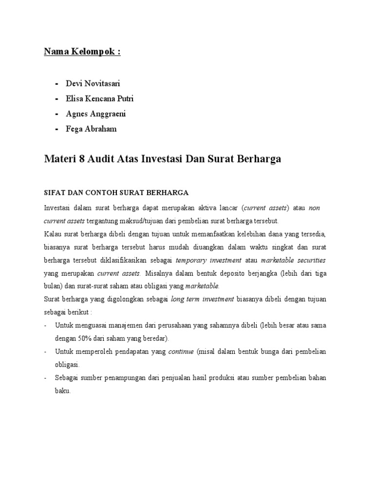 MATERI 8 Audit Atas Investasi Dan Surat Berharga | PDF | Pengelolaan Keuangan & Uang