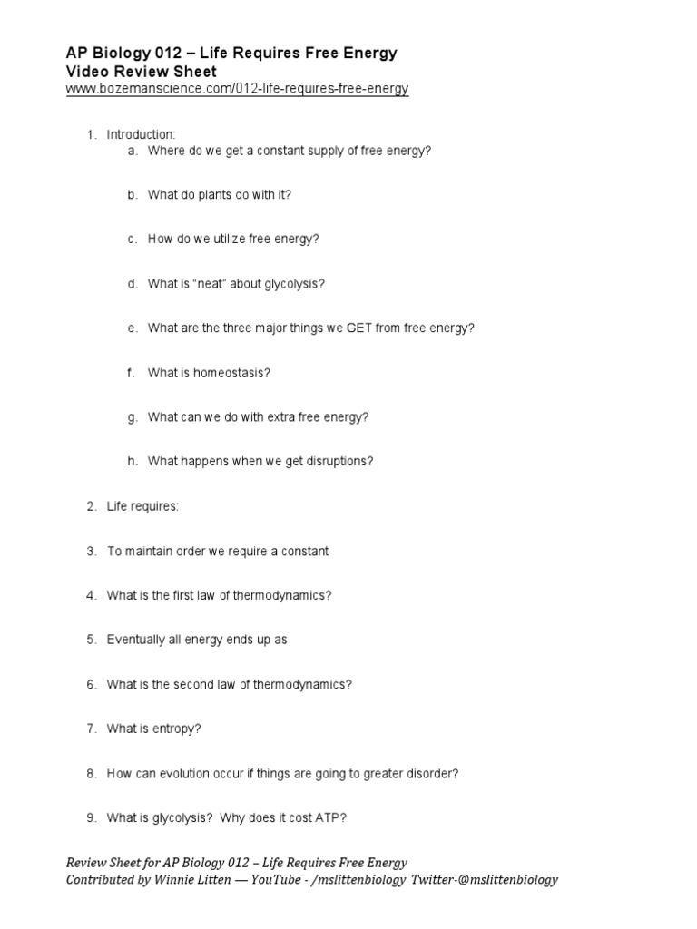 AP+Bio 012+Life+Requires+Free+Energy+Worksheet WL | PDF