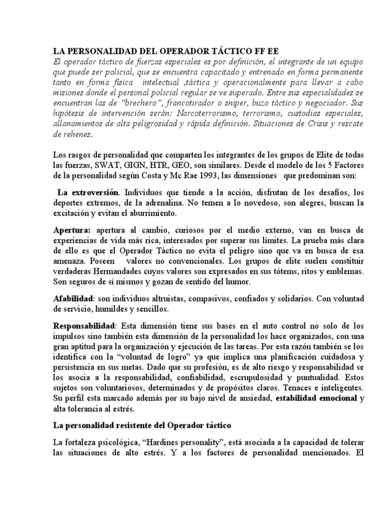 La Personalidad Operador Táctico | PDF | Estrés (biología) | Sicología