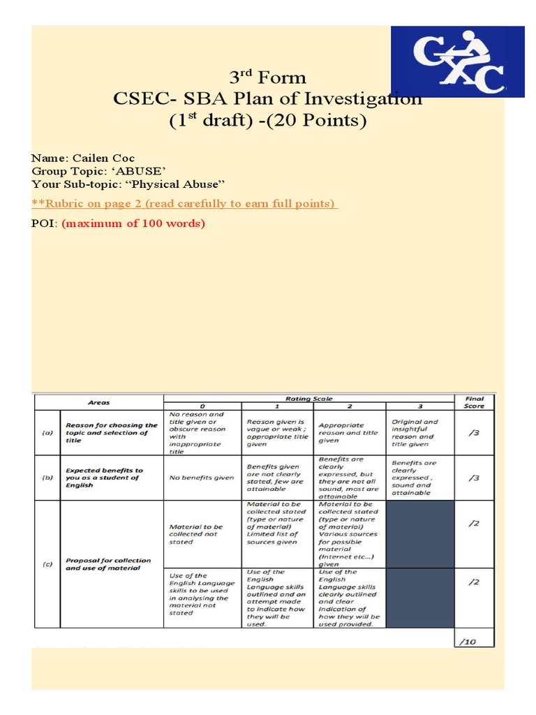 3 Form CSEC-SBA Plan of Investigation (1 Draft) - (20 Points) | PDF