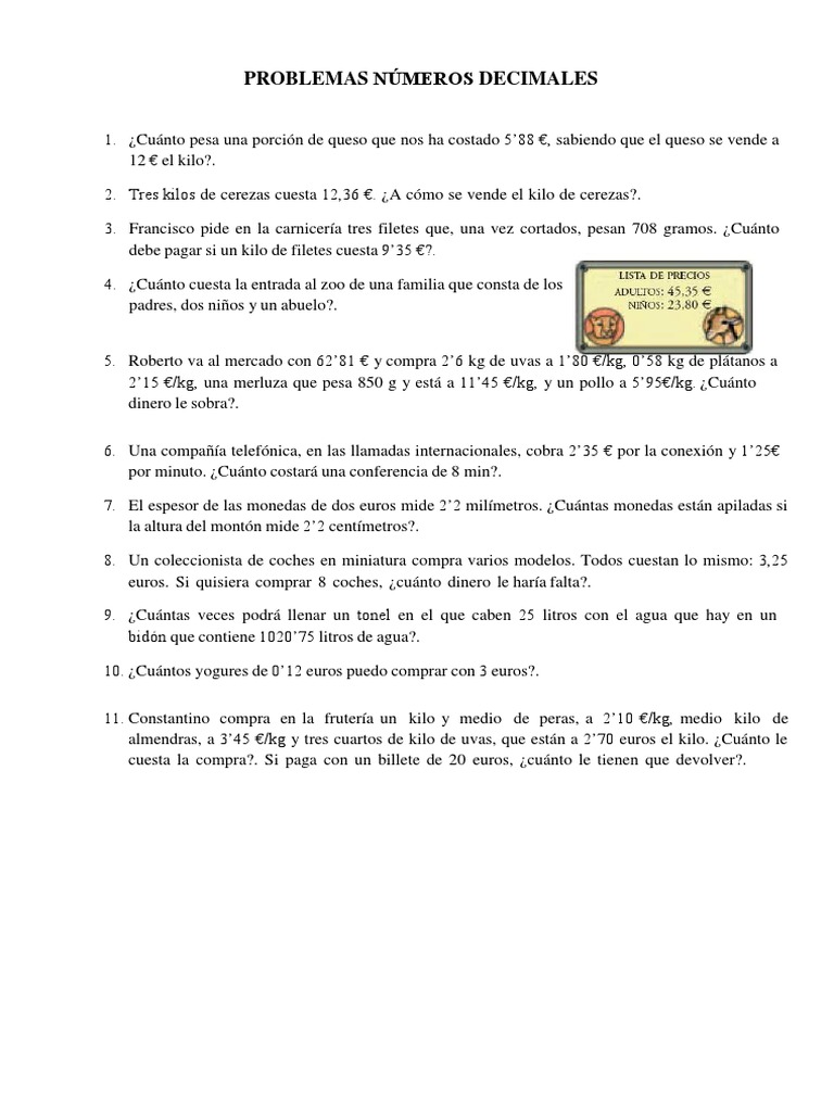 Problemas Números Decimales | PDF