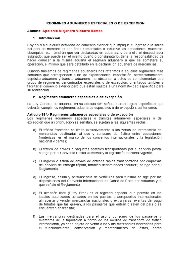 Monografia - Regimenes Aduaneros Especiales o de Excepcion | PDF | aduana | El comercio ...