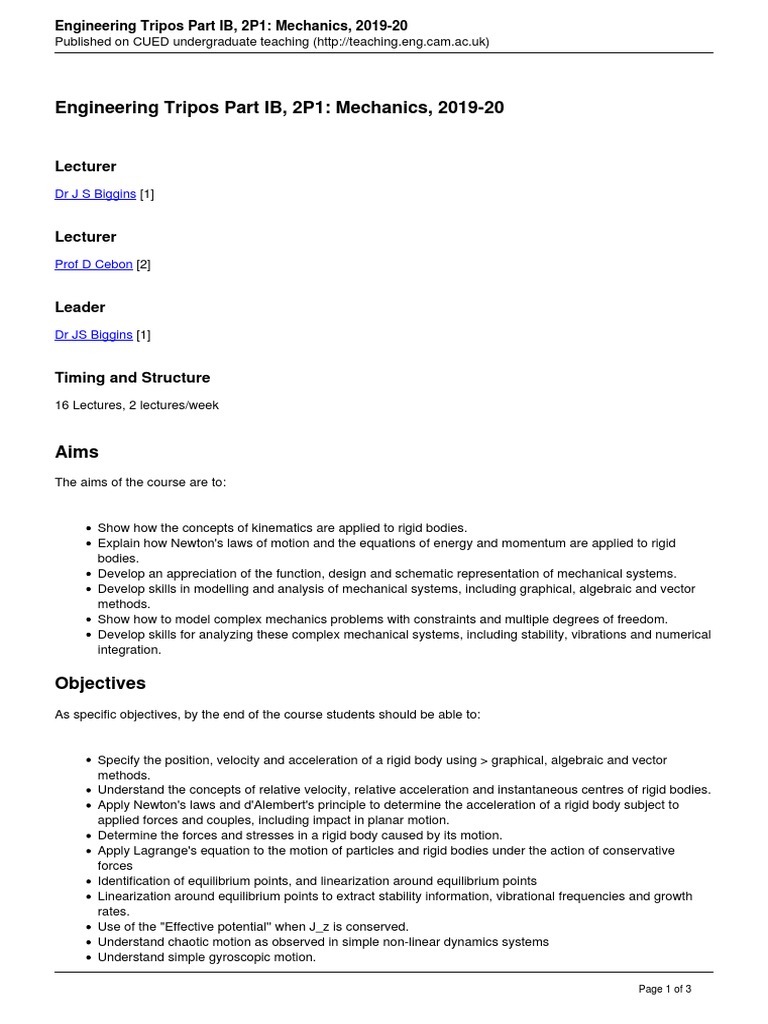 CUED Undergraduate Teaching - Engineering Tripos Part IB, 2P1 - Mechanics, 2019-20 | Download ...