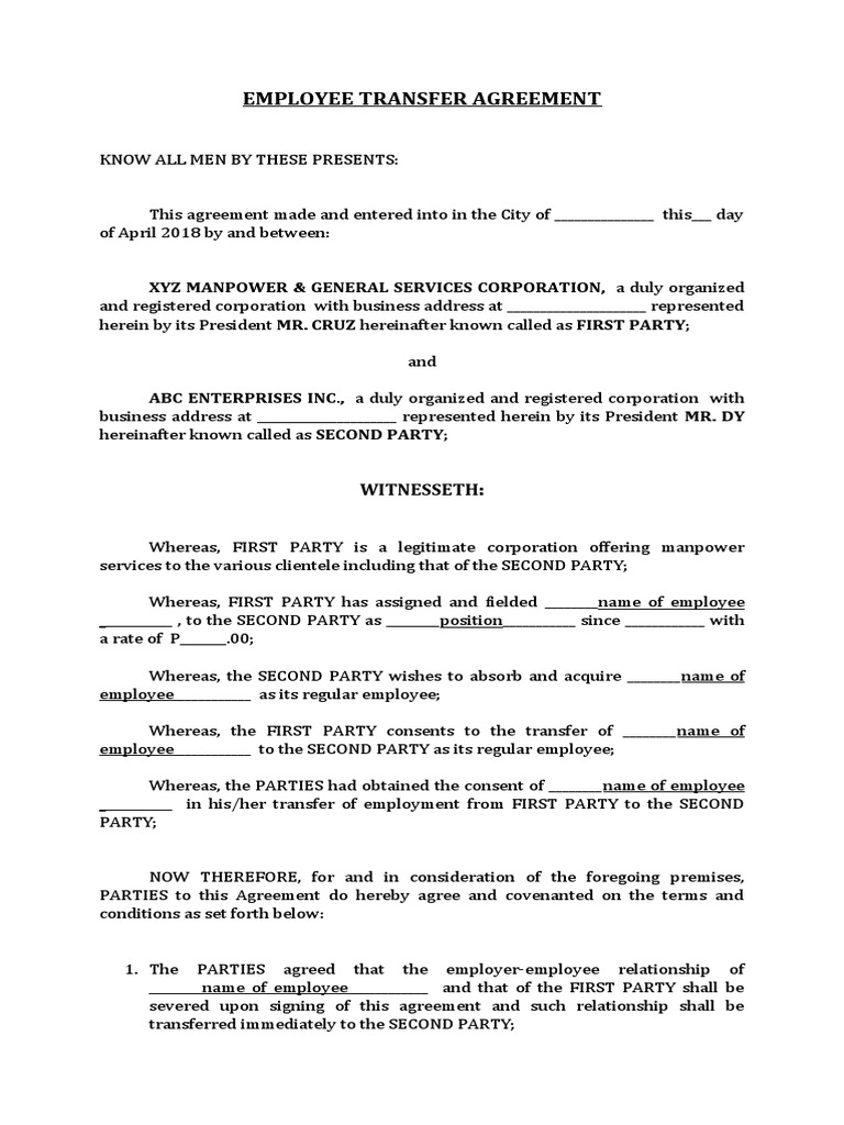 Employee Transfer Agreement Template | PDF | Employment | Private Law