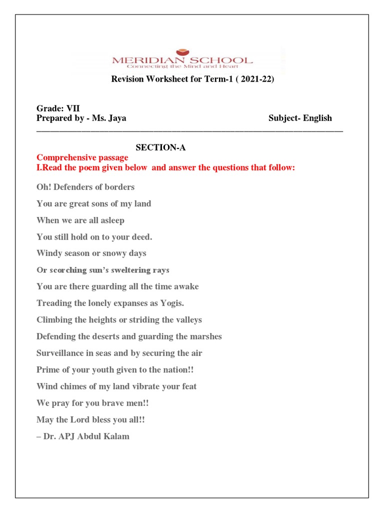 Grade VII Revision Worksheet | PDF | Syntax | Grammar