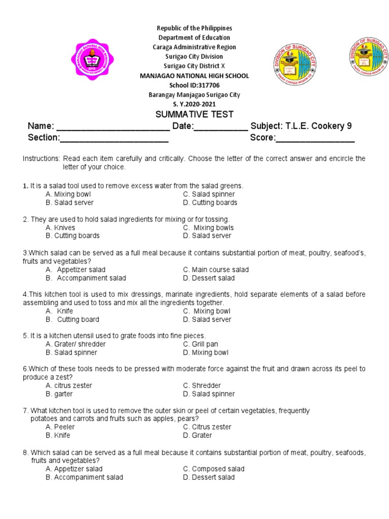 Summative Test Cookery 9 | PDF | Salad | Mayonnaise