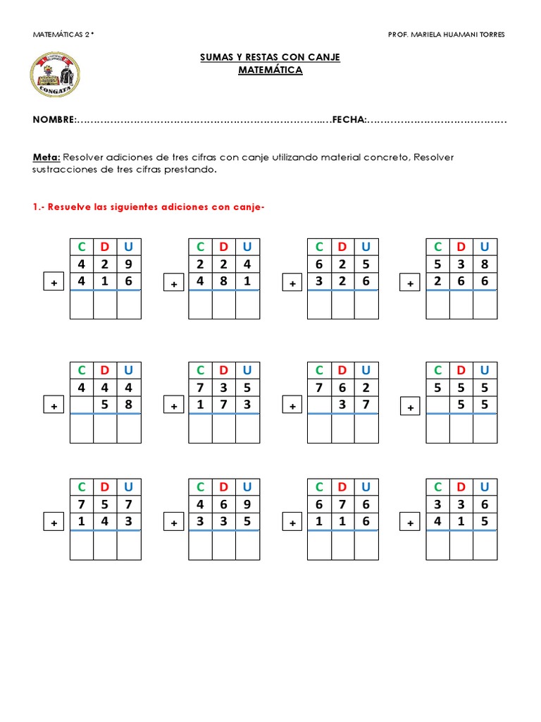 Sumas y Restas con Canje para Primaria | PDF | Arte