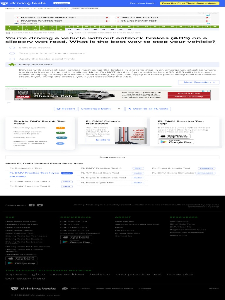 FREE DMV Permit Practice Test - Florida (2021) FL | PDF | Anti Lock ...