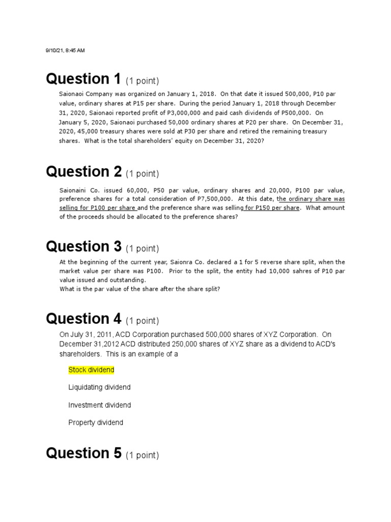 Acctg Equity Practice Quiz | PDF | Dividend | Retained Earnings