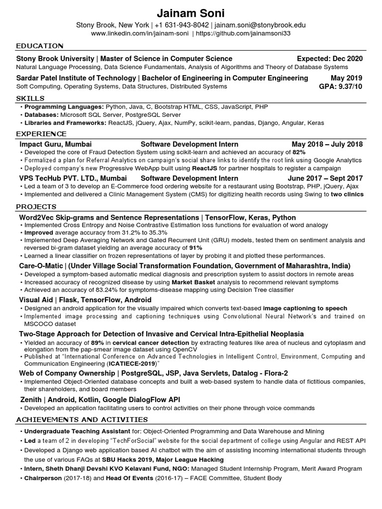 Jainam Soni Resume - Software Engineer with Experience in ML | PDF ...
