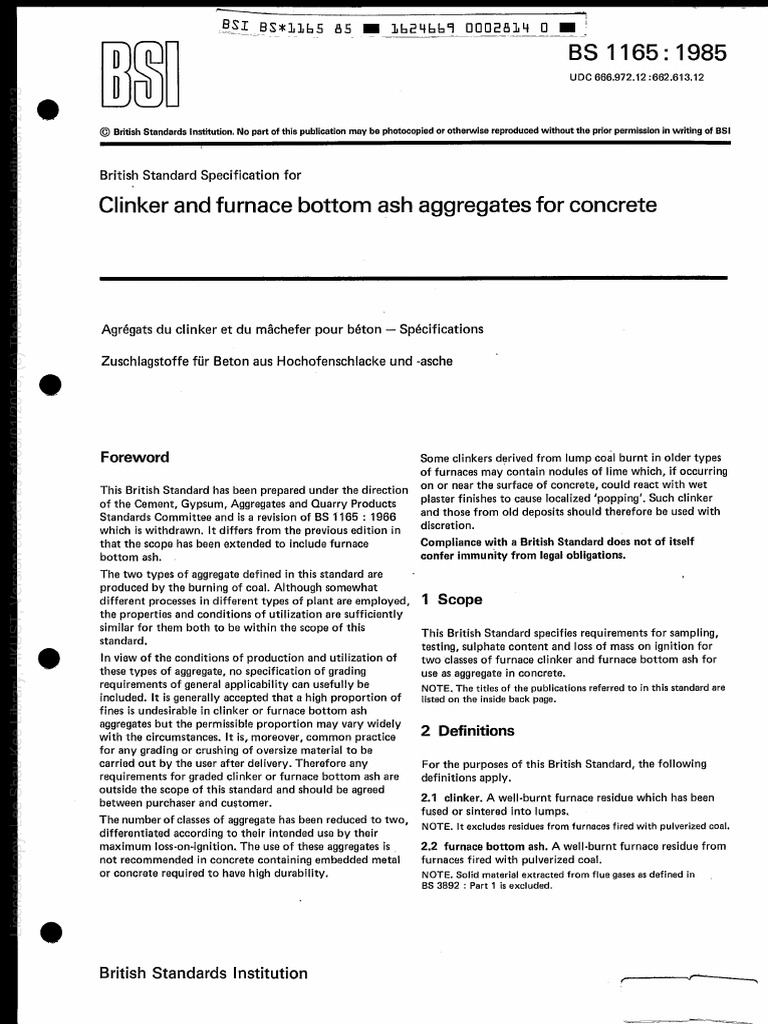 (BS 1165 - 1985) - Specification For Clinker and Furnace Bottom Ash ...