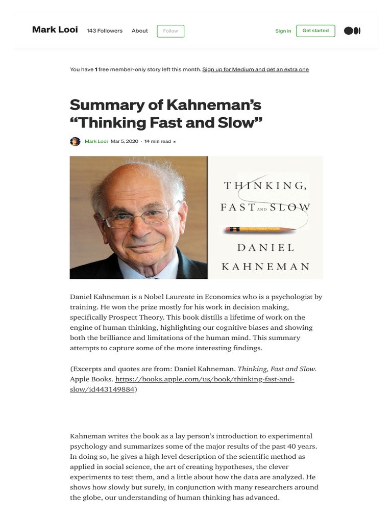 Summary of Kahneman's "Thinking Fast and Slow" - by Mark Looi - Medium | PDF ...