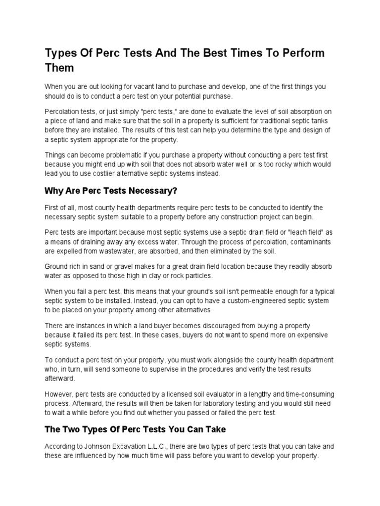 Types of Perc Tests and The Best Times To Perform Them | PDF | Septic ...