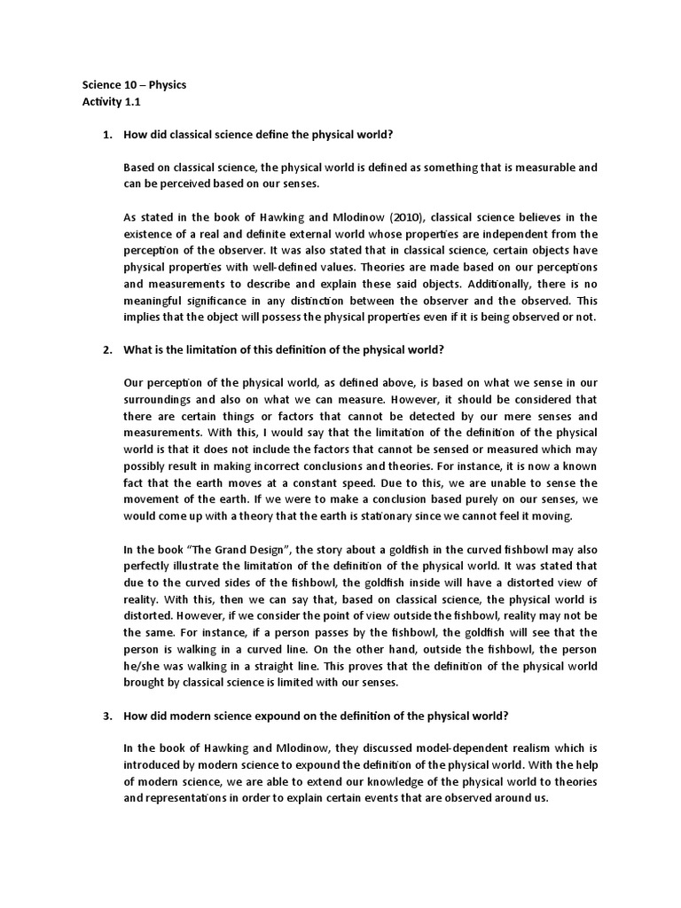 Science 10 - Physics Activity 1.1 1. How Did Classical Science Define ...
