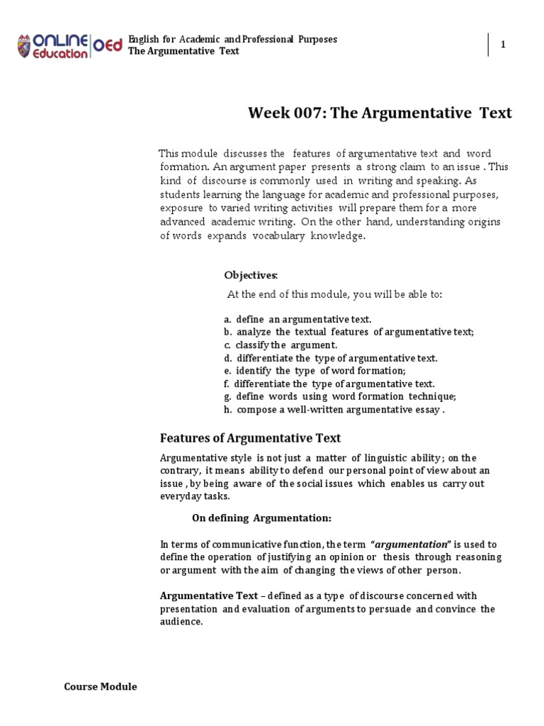 Week 007-Module The Argumentative Text | PDF | Argument | Discourse
