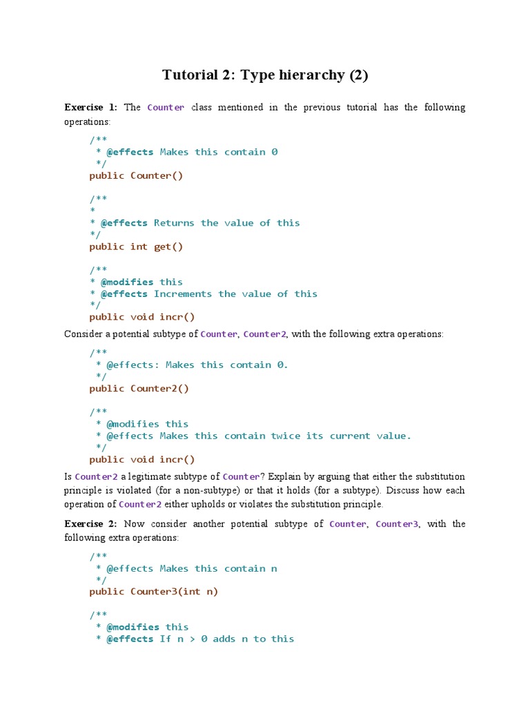 Tutorial 2: Type Hierarchy (2) : Exercise 1: The | PDF | Method ...