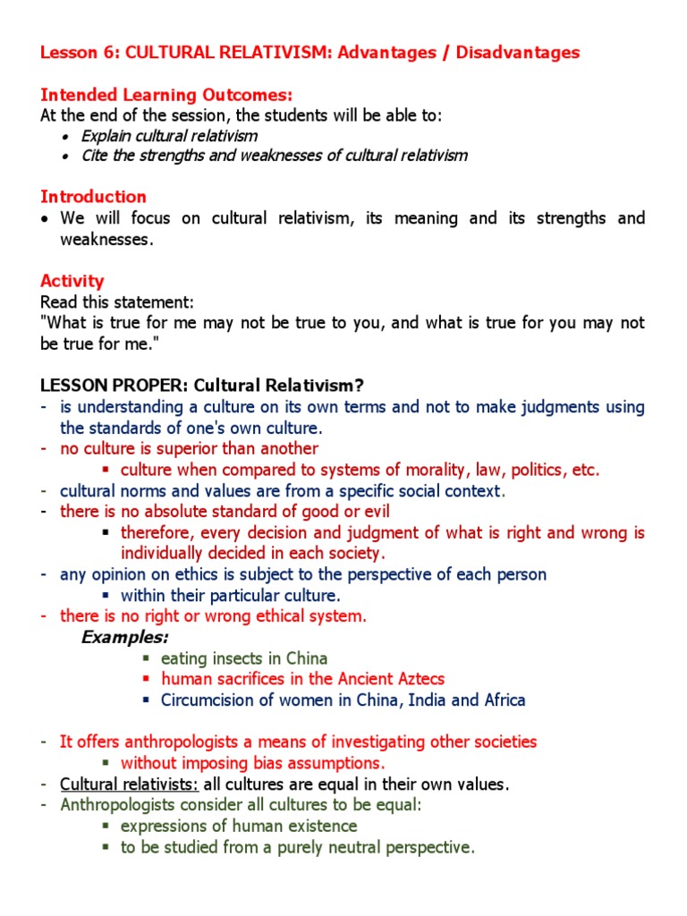 Cultural Relativism: Pros and Cons | PDF | Relativism | Philosophical ...