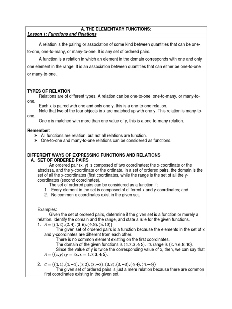 Lesson 1 FUNCTIONS AND RELATIONS | PDF | Function (Mathematics) | Equations