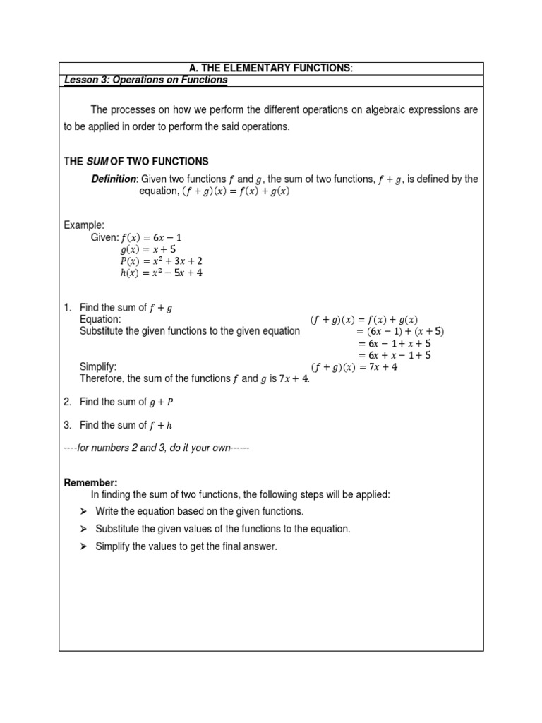 Lesson 3 OPERATIONS ON FUNCTIONS | PDF | Function (Mathematics) | Equations
